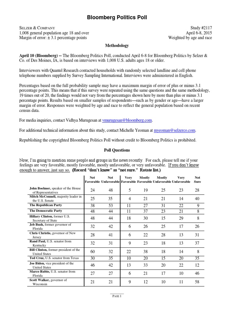 Bloomberg Poll | PDF | Opinion Poll | Margin Of Error