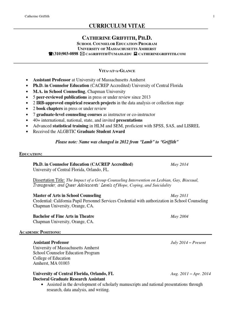 Catherine Griffith Curriculum Vitae | PDF | School Counselor | Psychotherapy