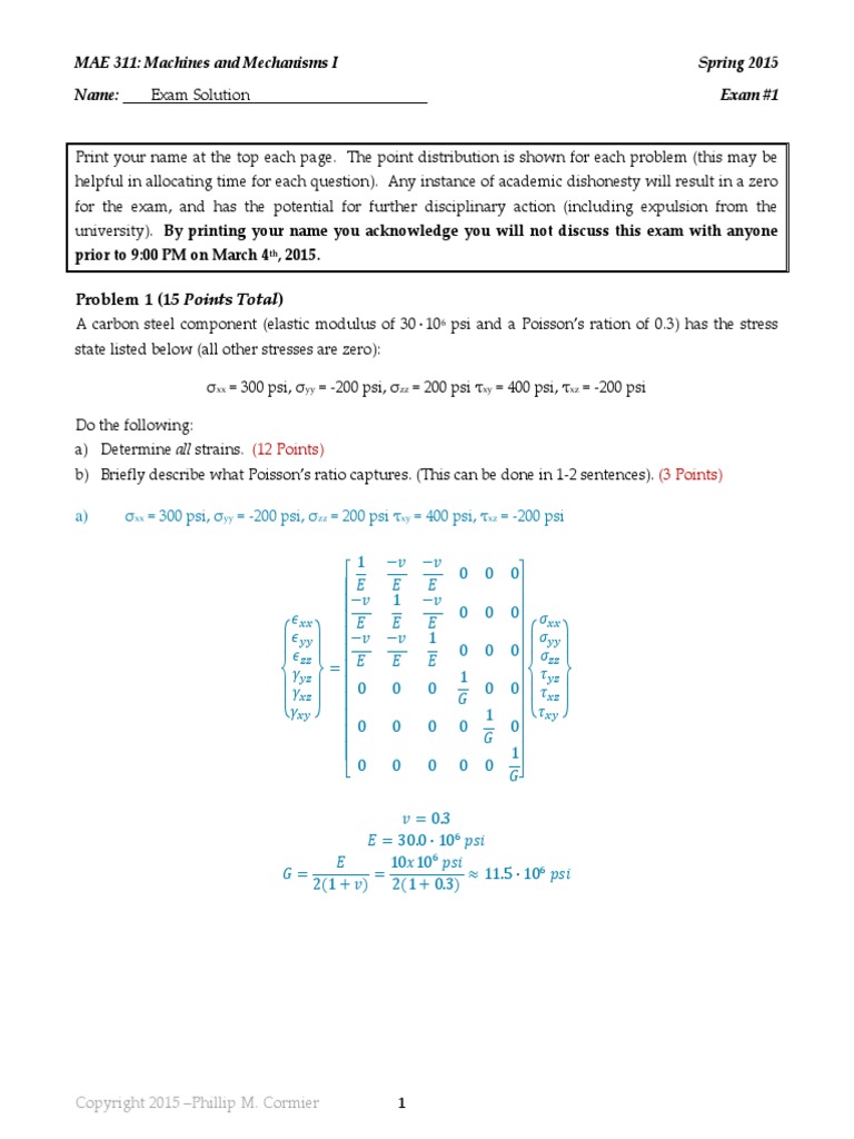 MAE311 Test 1 Solutions | Download Free PDF | Bending | Stress (Mechanics)