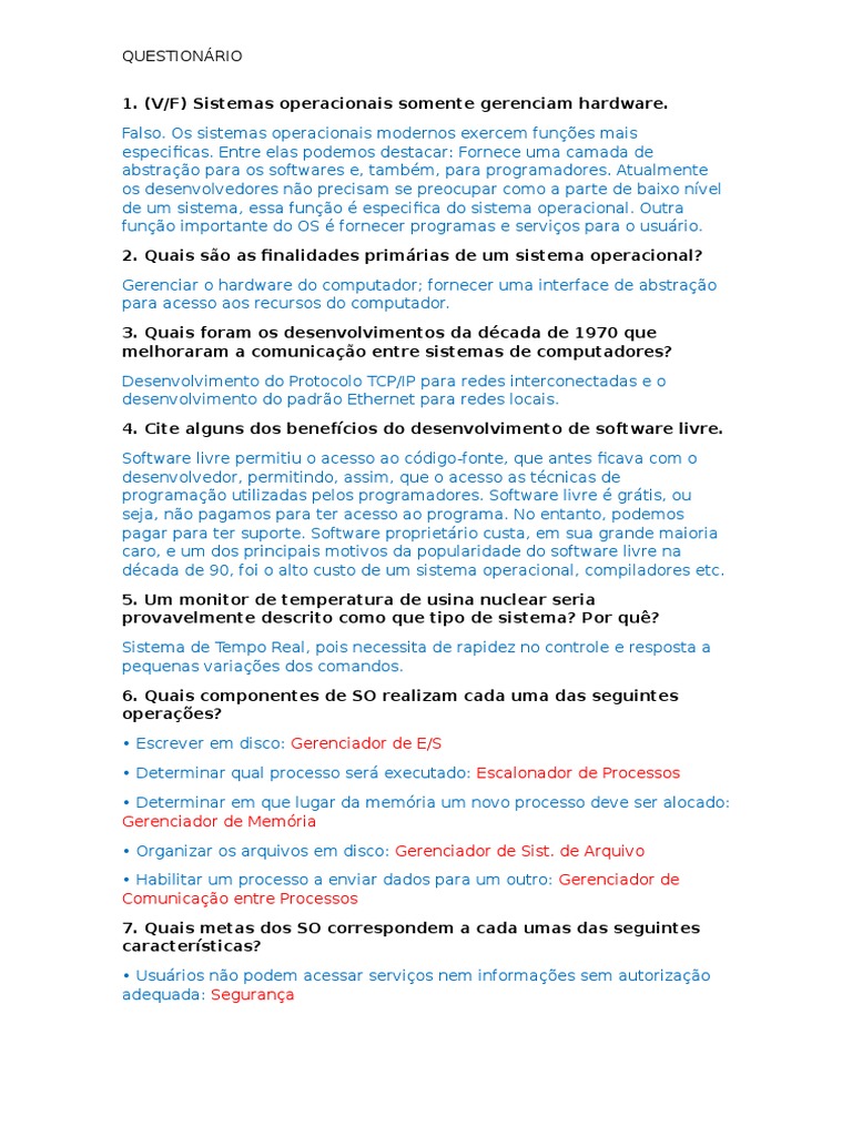 Questionario de Sistema Operacionais | PDF | Sistema operacional ...