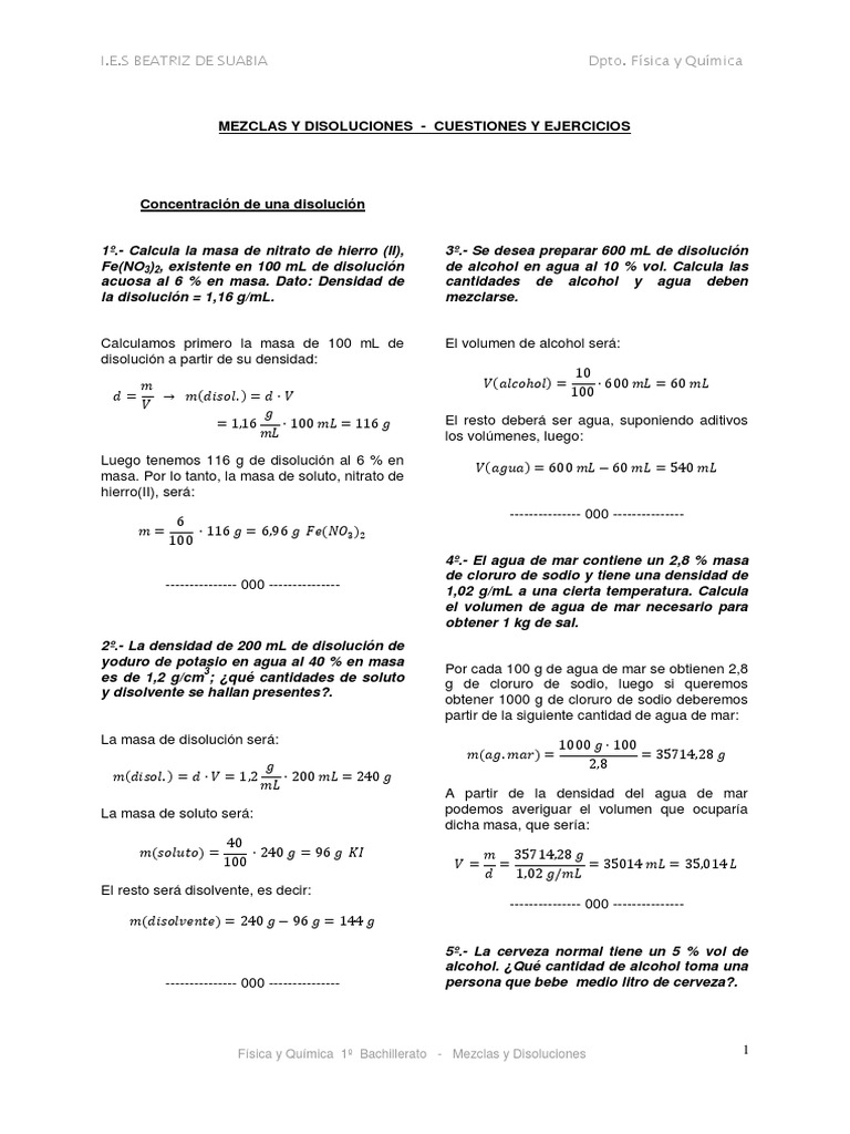 Ejercicios Mezclas y Disoluciones 1º Bach | PDF | Gases | Agua