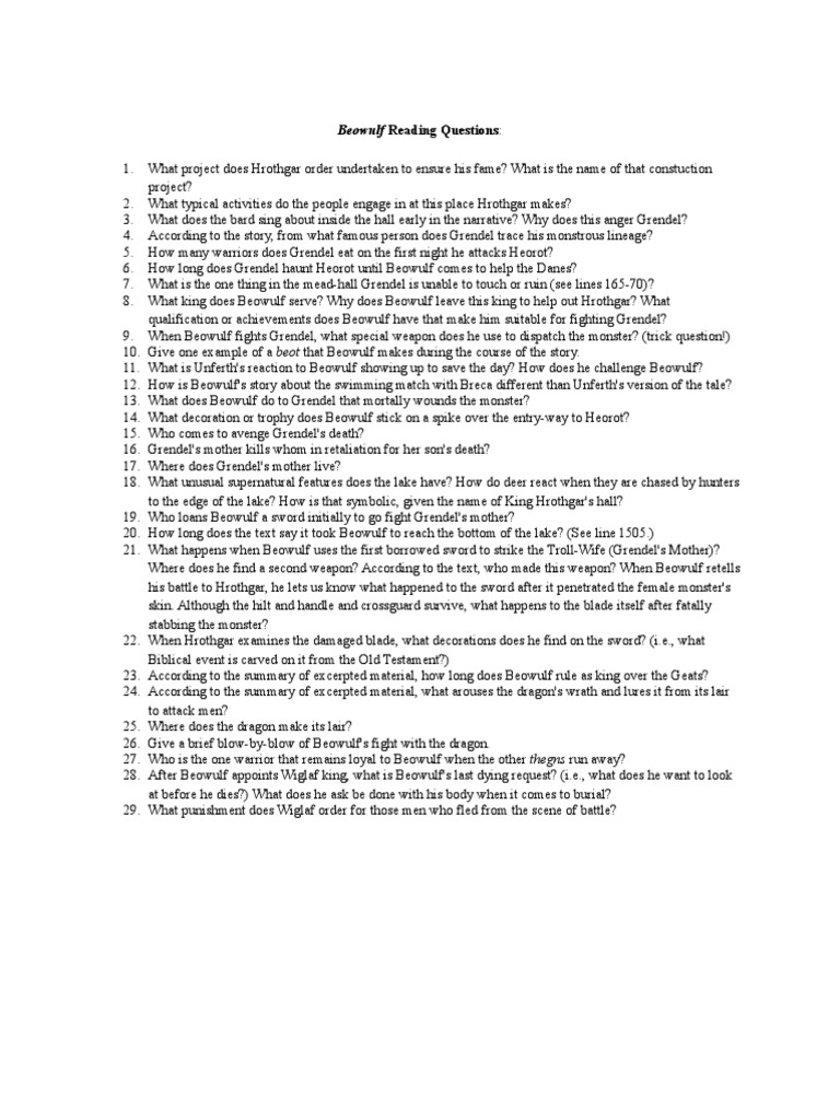 Beowulf Reading Questions | PDF | Beowulf | English Legendary Characters