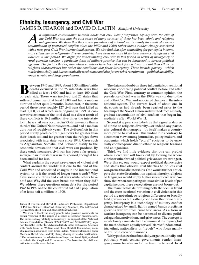 Fearon, James D, and David D Laitin - 2003 - Ethnicity, Insurgency, and ...