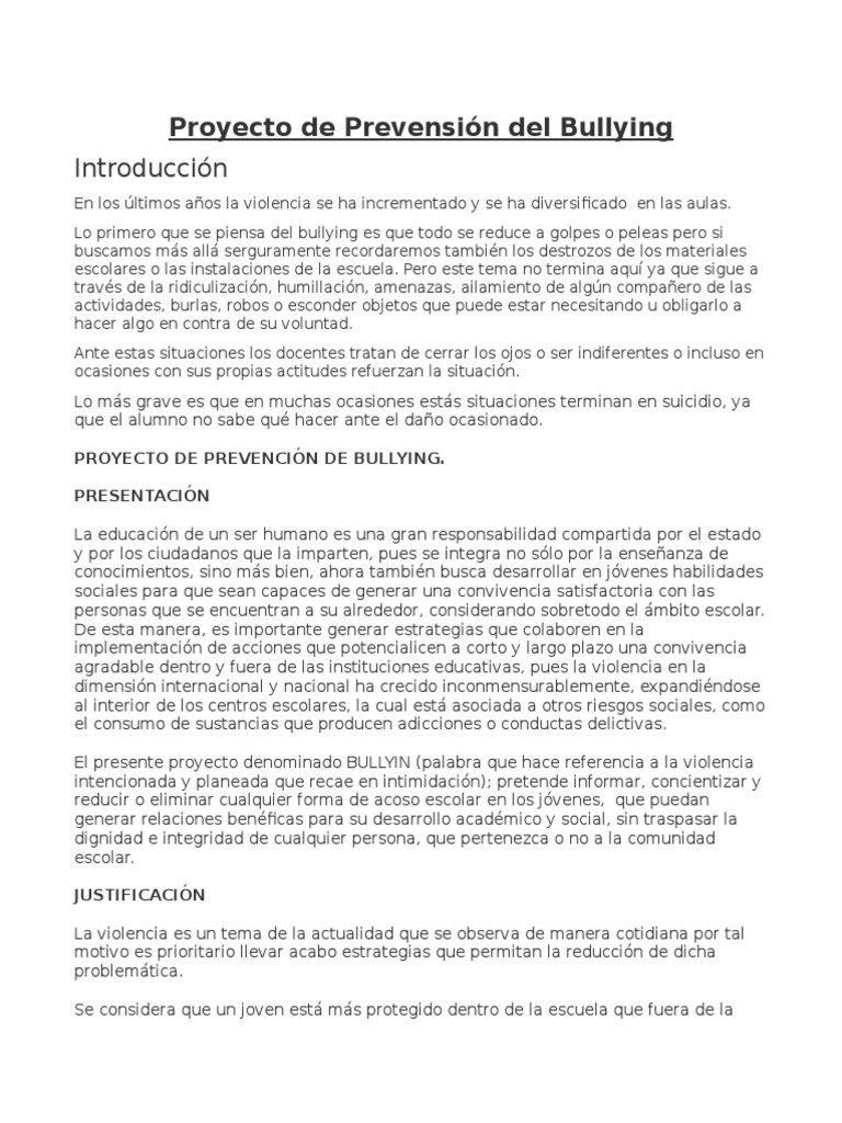 Proyecto de Violencia Escolar y Bulling | PDF | Ciencias del ...