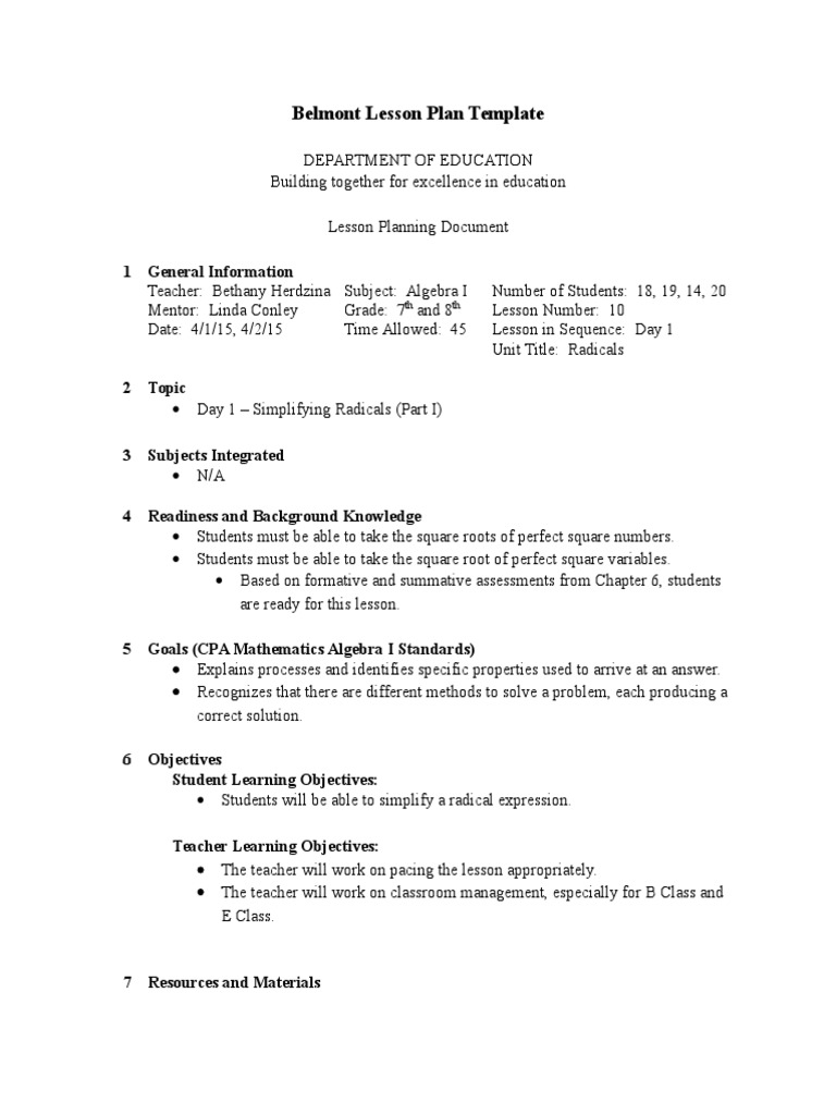 Day 1 (Simplifying Radicals Part I) Lesson Plan | PDF | Lesson Plan ...