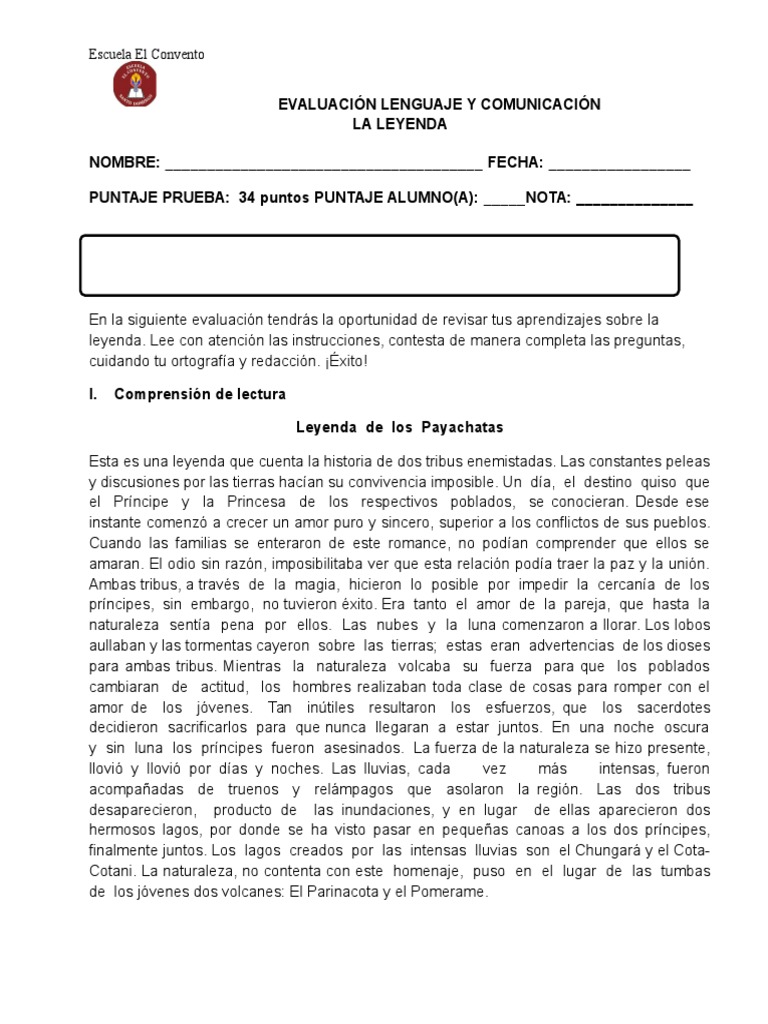 Evaluación La Leyenda | Leyendas | Amor