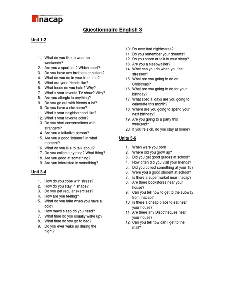 English Questionnaire for Units 1-6 | PDF | Language Arts & Discipline ...