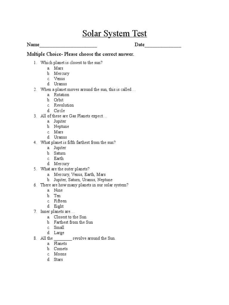 Solar System Test | PDF | Planets | Jupiter