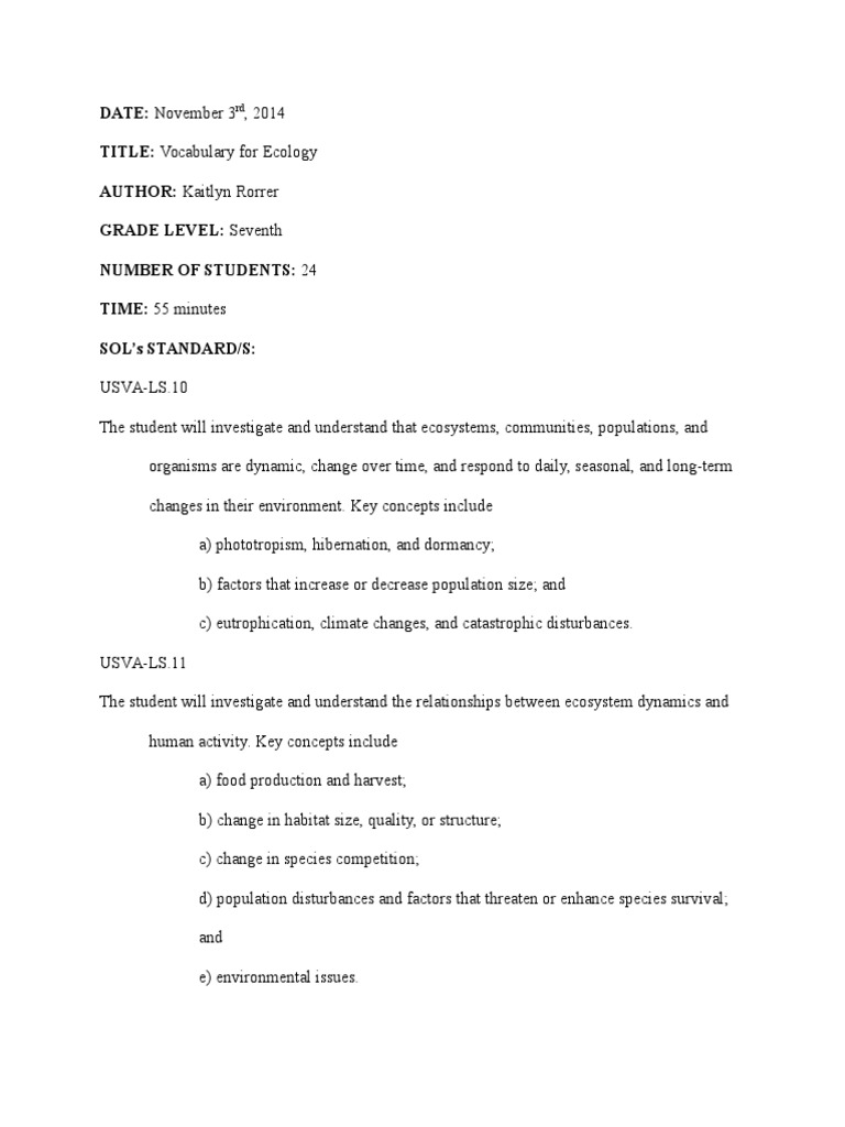 Ecology Vocabulary Lesson Plan | PDF