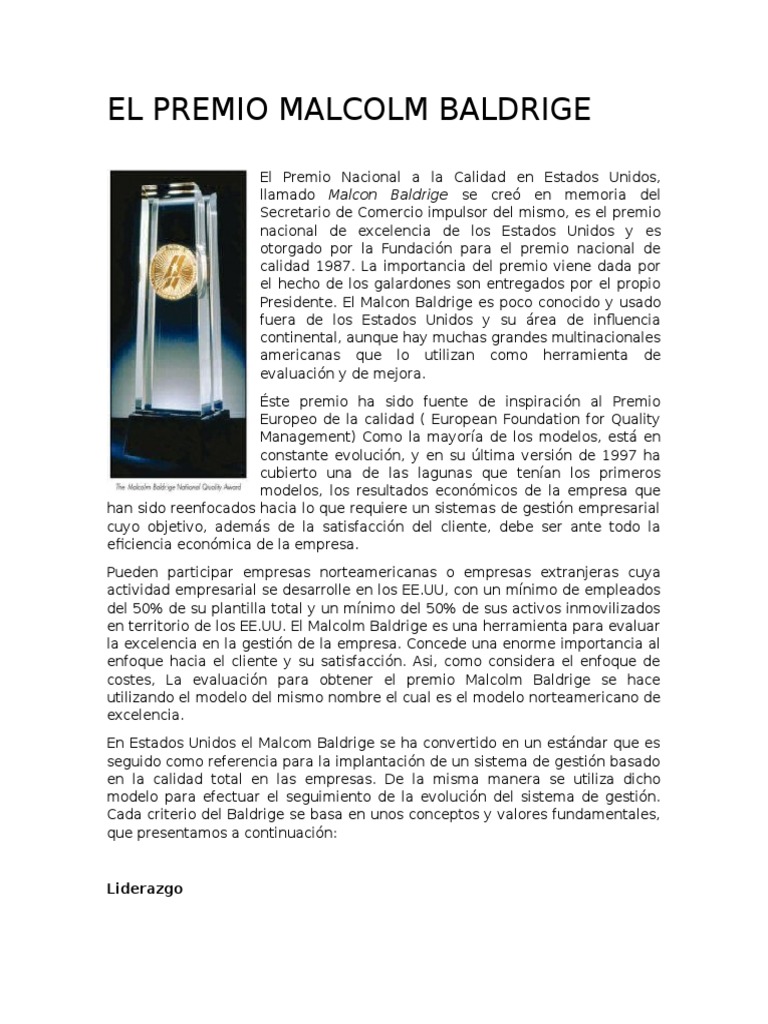 El Premio Malcolm Baldrige | PDF | Calidad (comercial) | Liderazgo