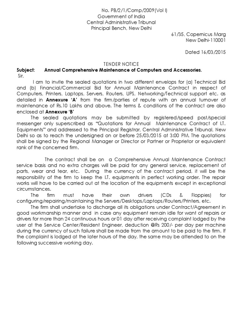 Central Administritative Tribunal AMC Tender | PDF | Hewlett Packard ...