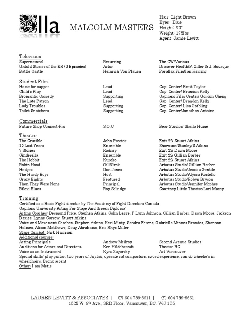 Malcolm Masters: Acting Profile | PDF