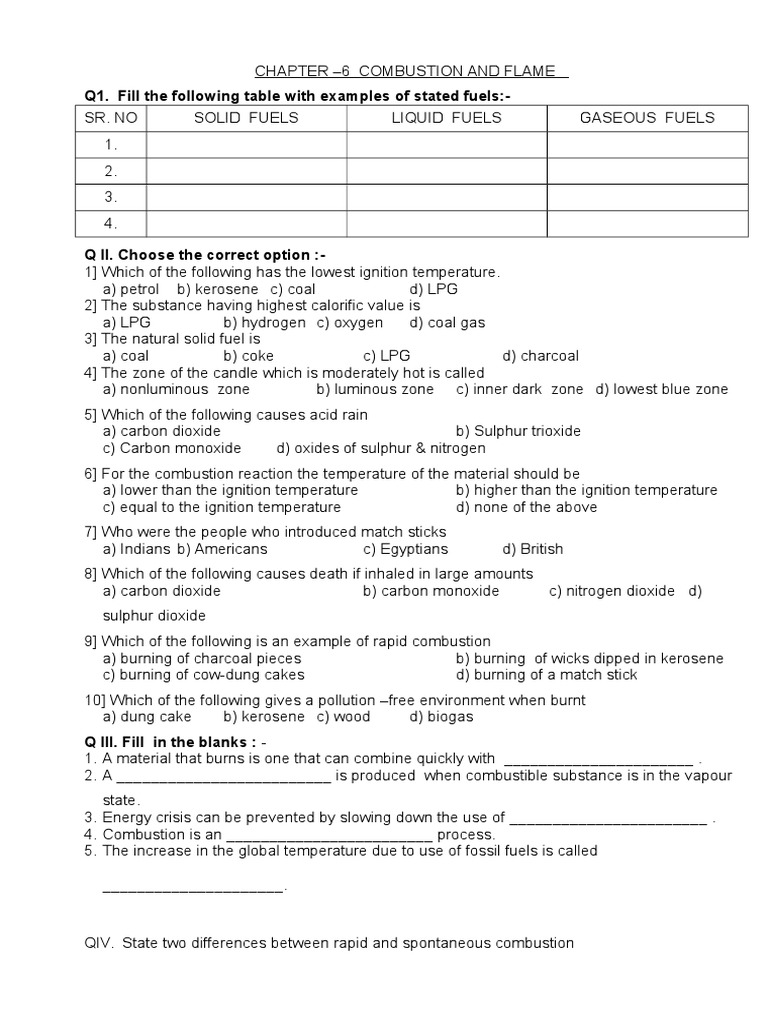 L-6 Combustion and Flame CBSE Class 8 Assignment | PDF | Teaching ...