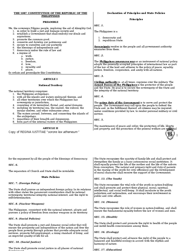 1987 PHILIPPINE CONSTITUTION PRINCIPLES | PDF | United States House Of ...