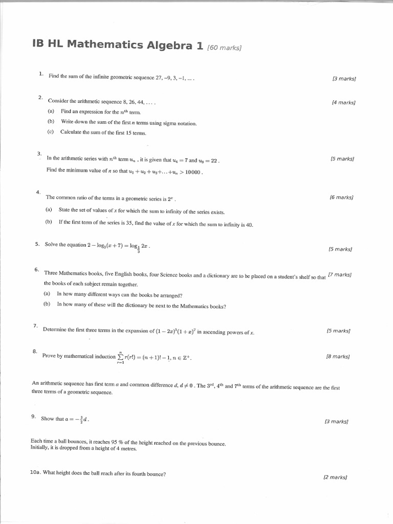 Maths HL Algebra 1 Exam Questions