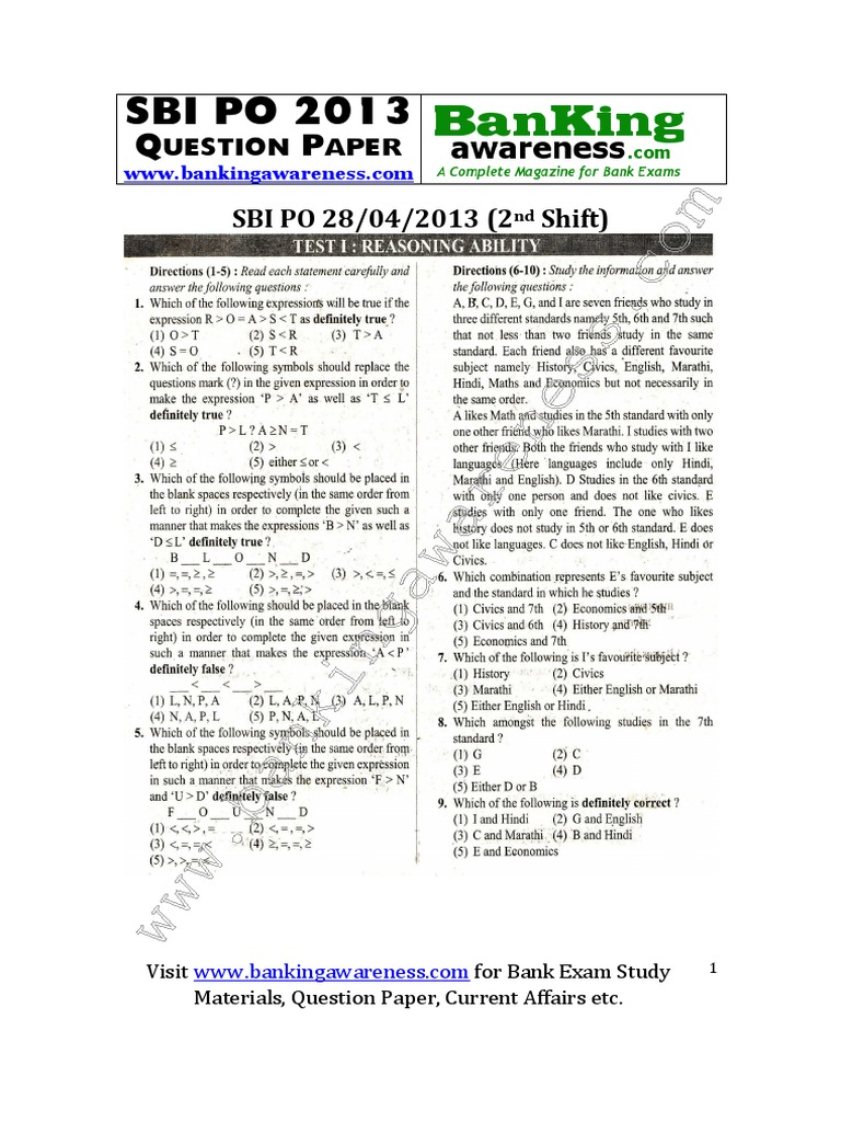 SBI PO 2013 Exam Question Paper | PDF | Government Of India ...