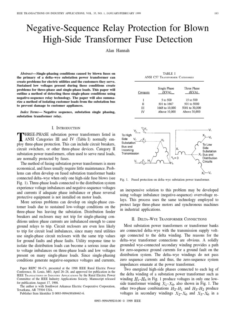 Negative-Sequence Relay for Transformer Fuse Detection | PDF ...