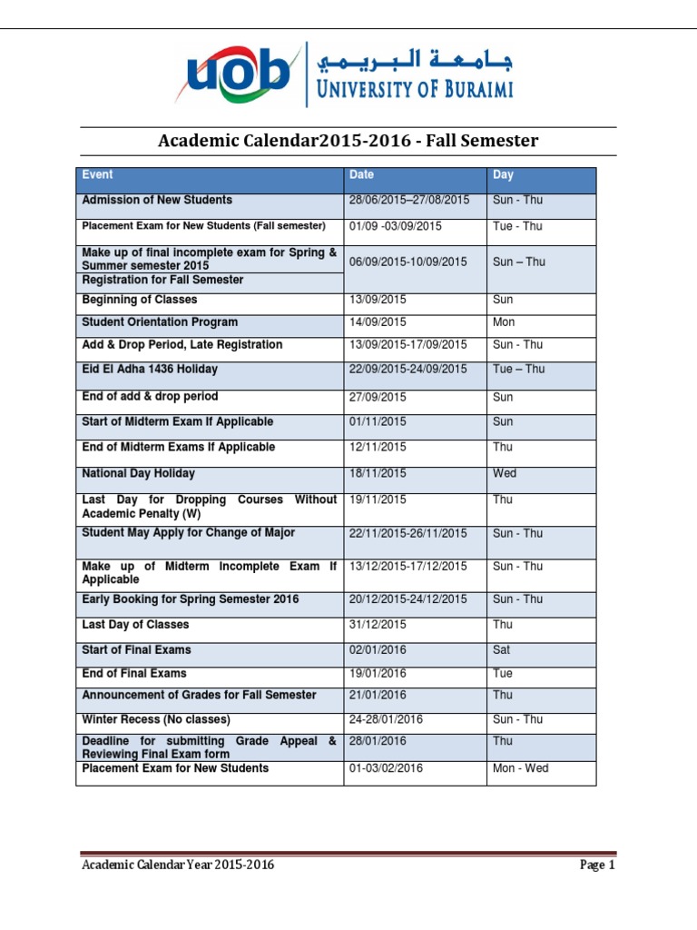 University of Buraimi Academic Calander 2015 - 2016 | PDF | Academic ...