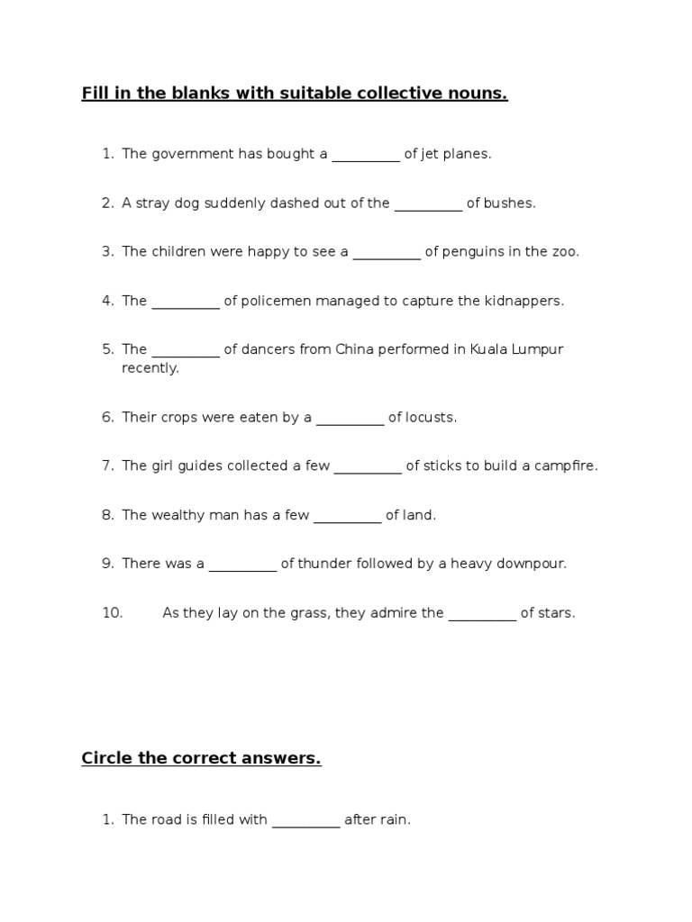 Collective Nouns Fill-in-the-Blanks | PDF | Science & Mathematics