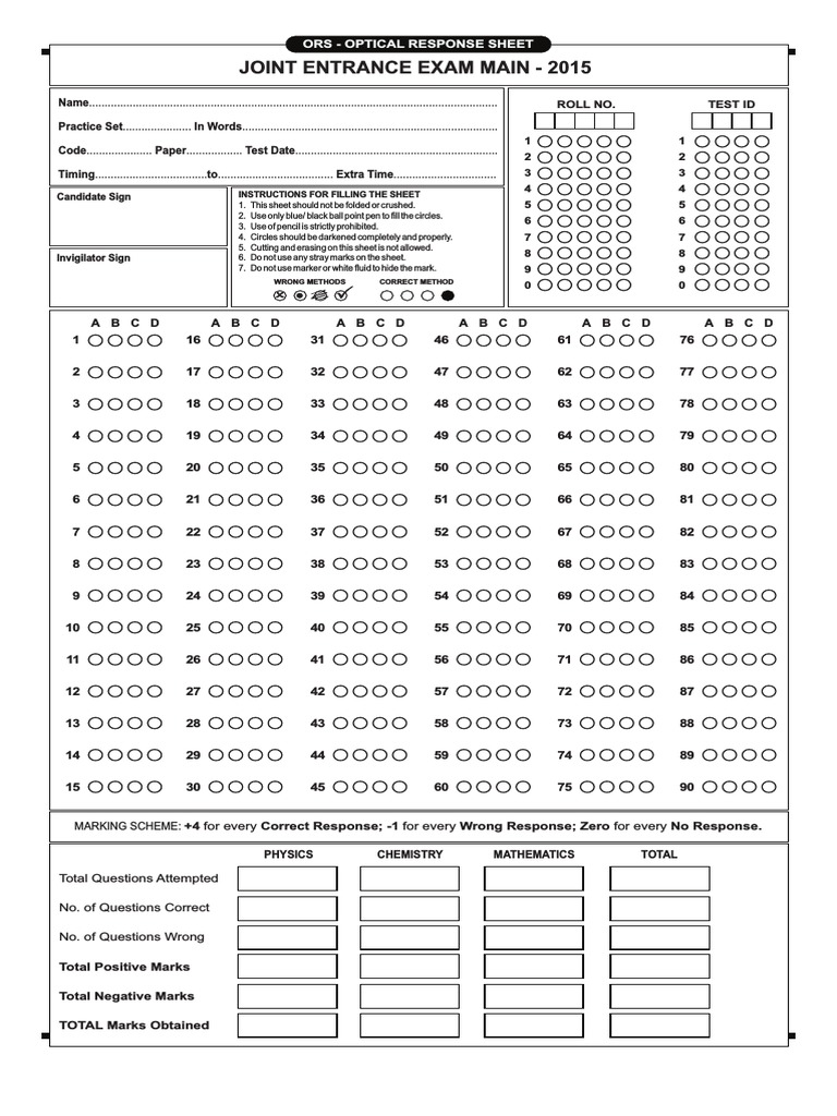 Joint Entrance Exam Main - 2015: Ors - Optical Response Sheet | PDF ...