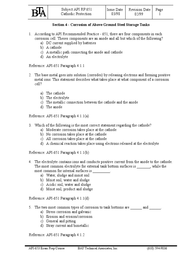 Section 4 API-651 Practice Questions | PDF | Anode | Corrosion