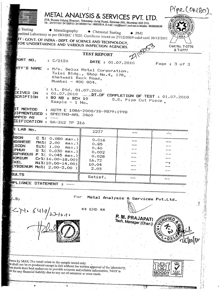 Material Test Certificate For Electromagnetic Flow Meter PDF | PDF