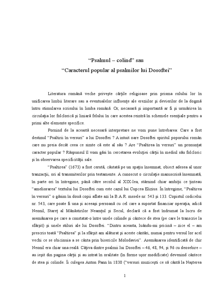 Caracter Popular Al Psalmului Lui Dosoftei | PDF