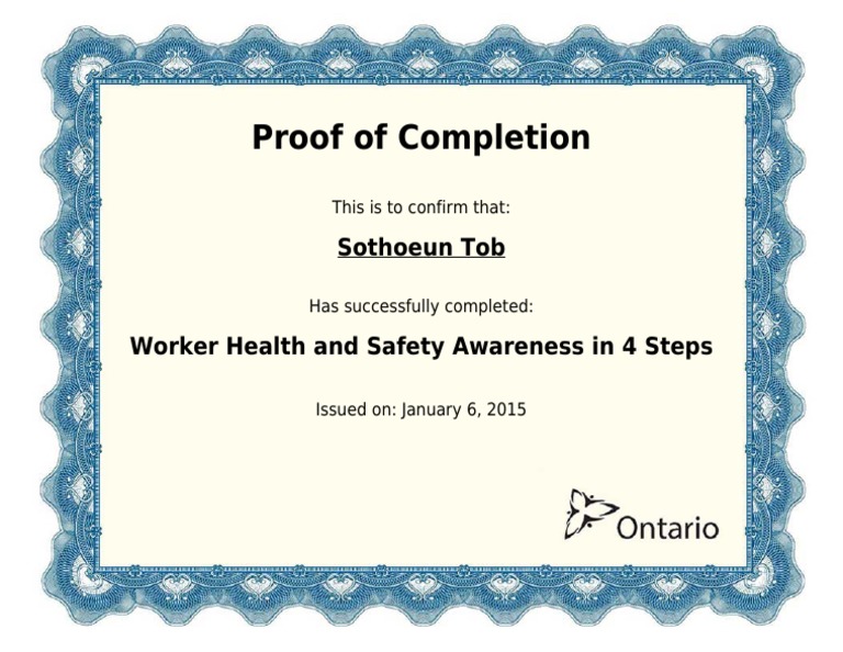 Sothoeun Tob - Worker Health and Safety Awareness in 4 Steps Certificate | PDF
