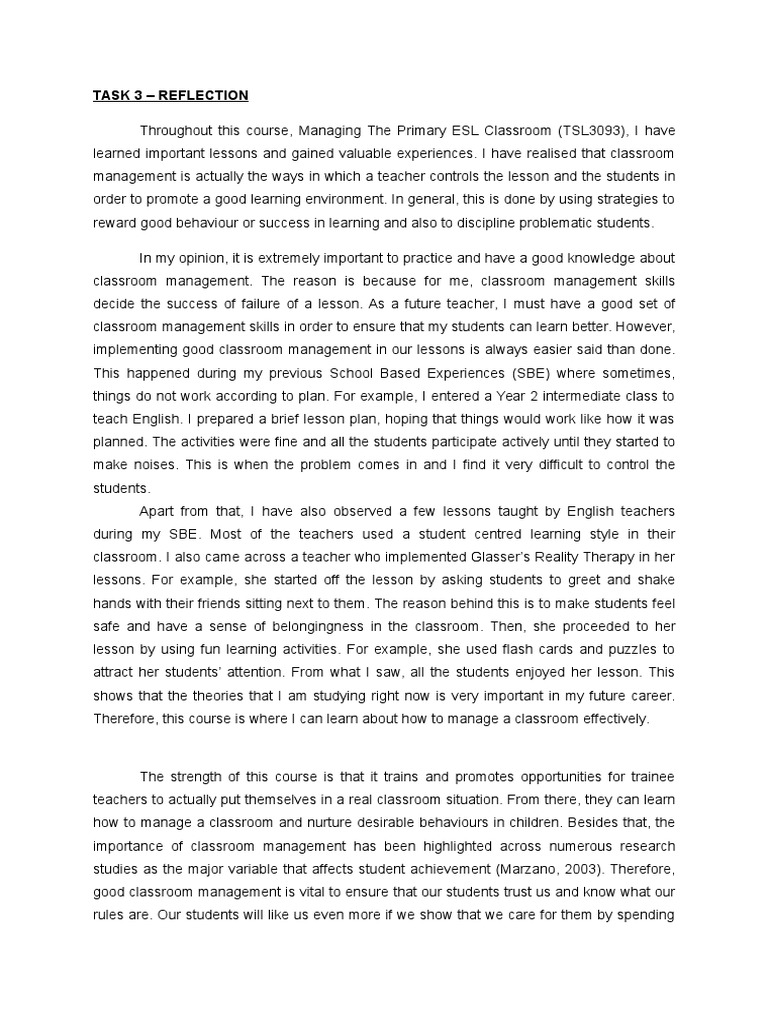 TASK 3 Reflection | PDF | Classroom Management | Classroom