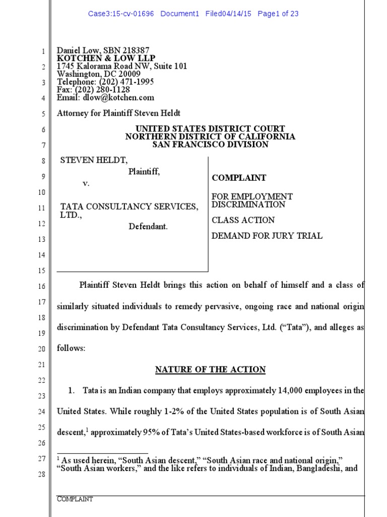Complaint Against Tata, Class Action Discrimination | PDF | Class ...