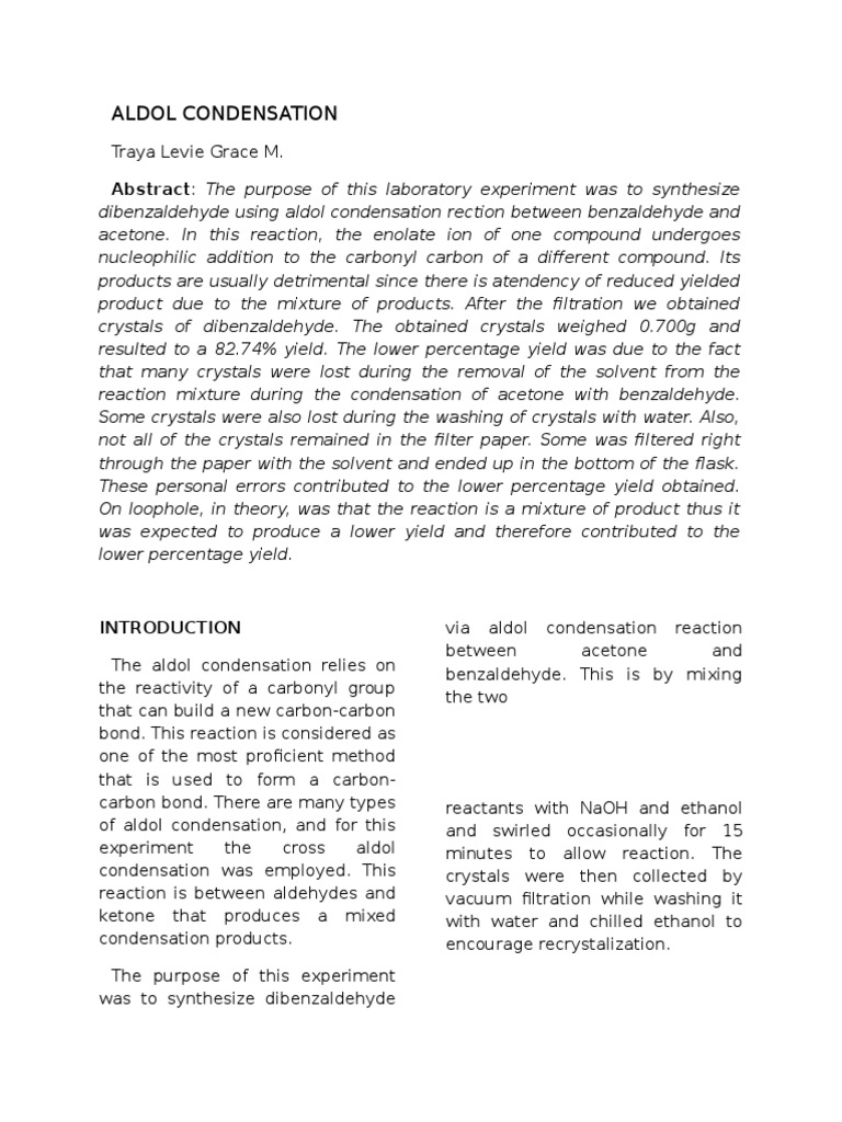 Aldol Condensation: Synthesis of Dibenzaldehyde | PDF | Ketone | Molecules
