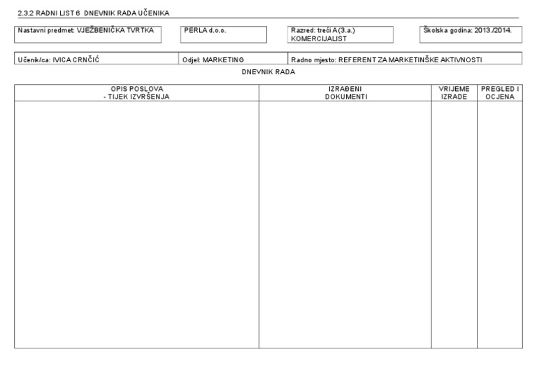 2.3.2 Radni List 6 Dnevnik Rada Ucenika | PDF