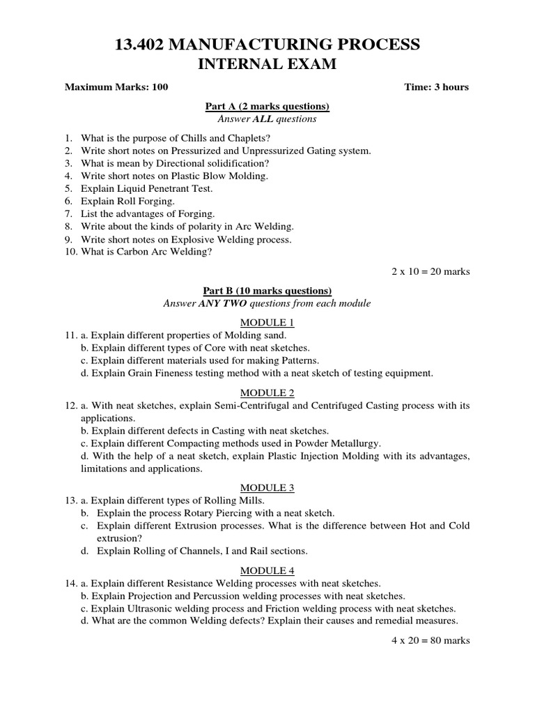 Manufacturing Process Model Exam Question Paper | PDF | Casting ...