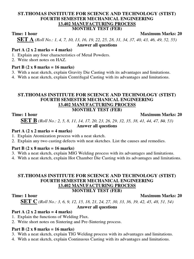 Monthly Test Question Paper Manufacturing Process | PDF | Science ...