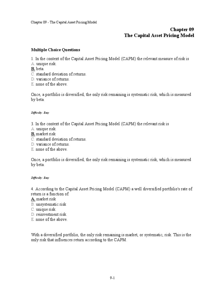 CAPM: Key Concepts and MCQs | PDF | Business | Finance & Money Management