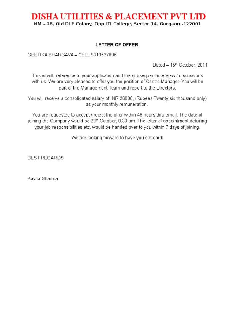 Centre Manager Job Offer Letter | PDF | Career & Growth