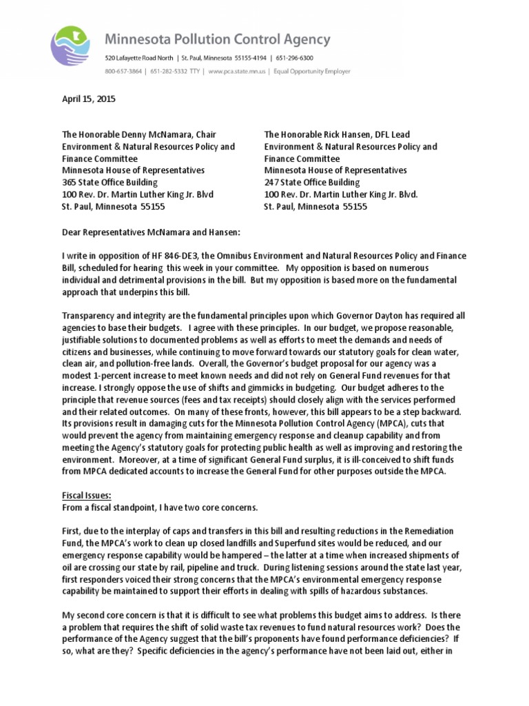 MPCA Commissioner Letter HF846DE3 4 15 15 | PDF
