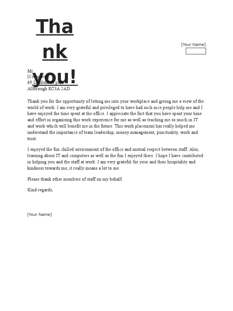 Work Placement Thank You Letter | PDF