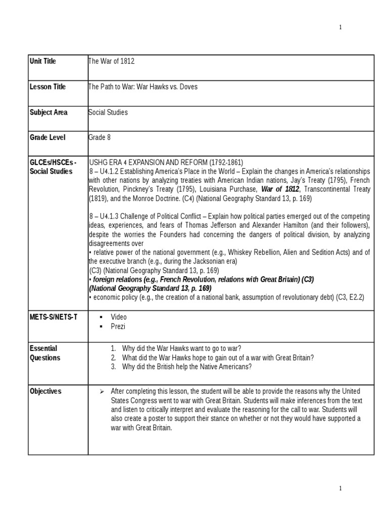 War of 1812: War Hawks vs. Doves Lesson | PDF | Reading Comprehension ...