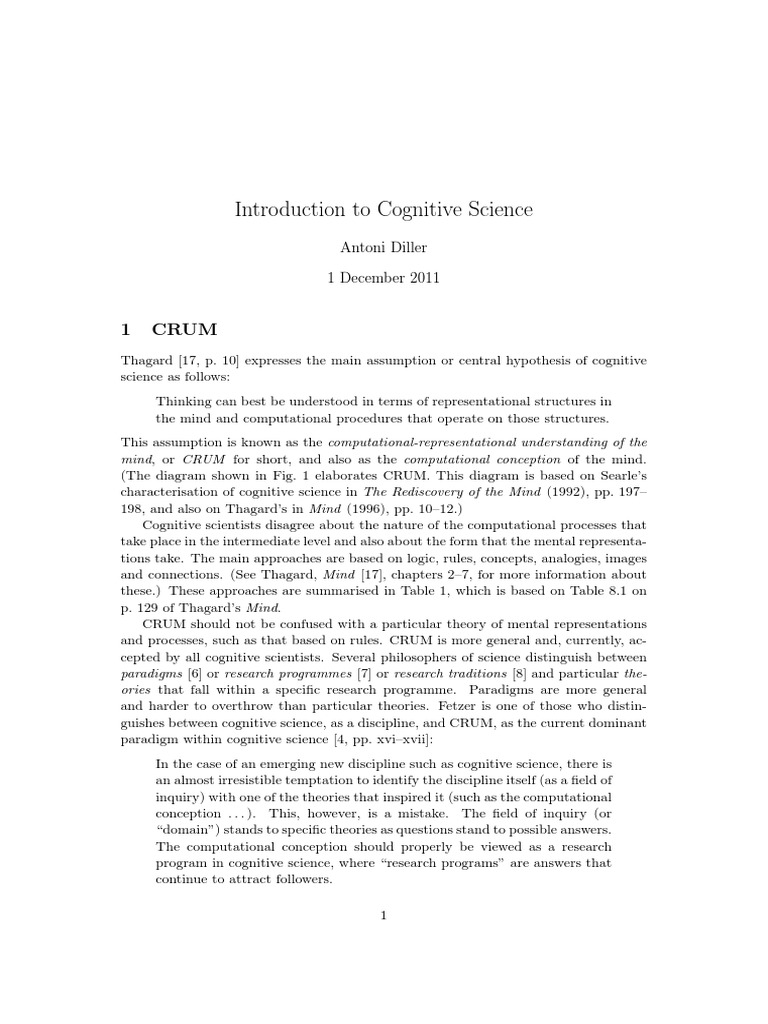 Introduction To Cognitive Science: 1 Crum | PDF | Interdisciplinarity ...