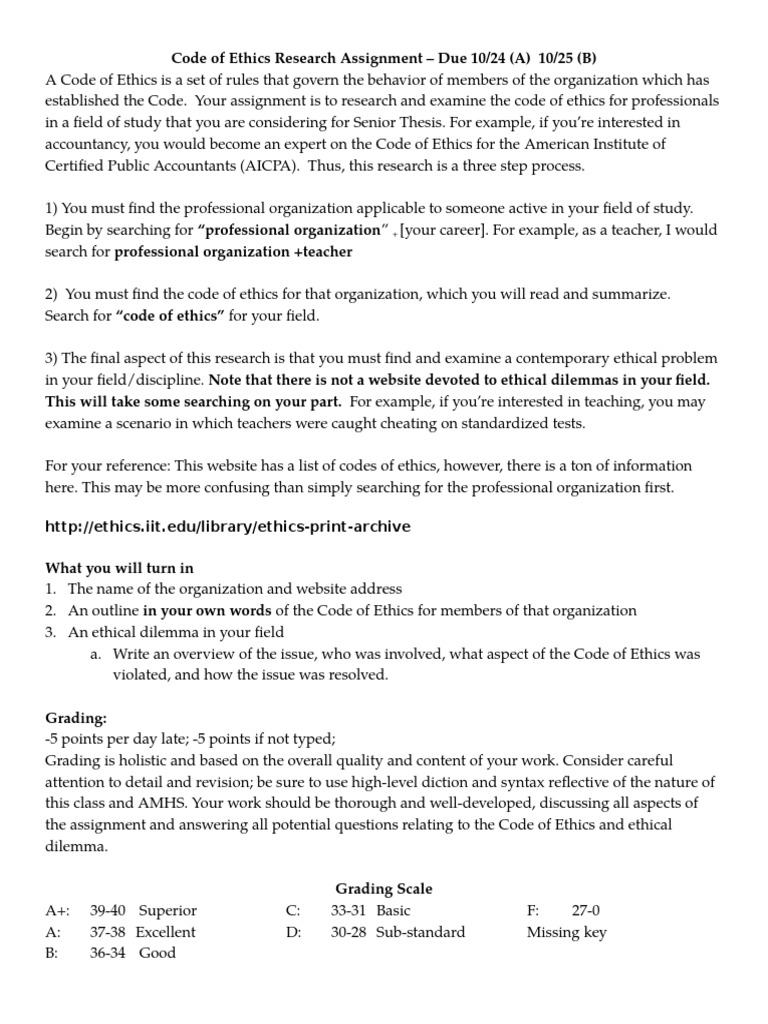 Code of Ethics Research Assignment | PDF | Career & Growth | Business