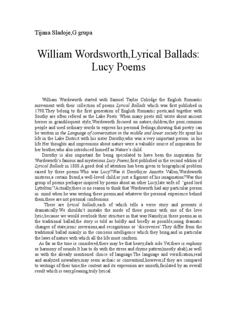 1 William Wordsworth - Lucy Poems - | William Wordsworth | European ...