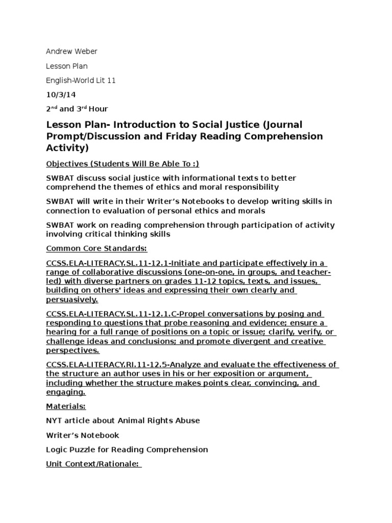 Lesson Plan-Social Injustice | PDF | Reading Comprehension | Lesson Plan