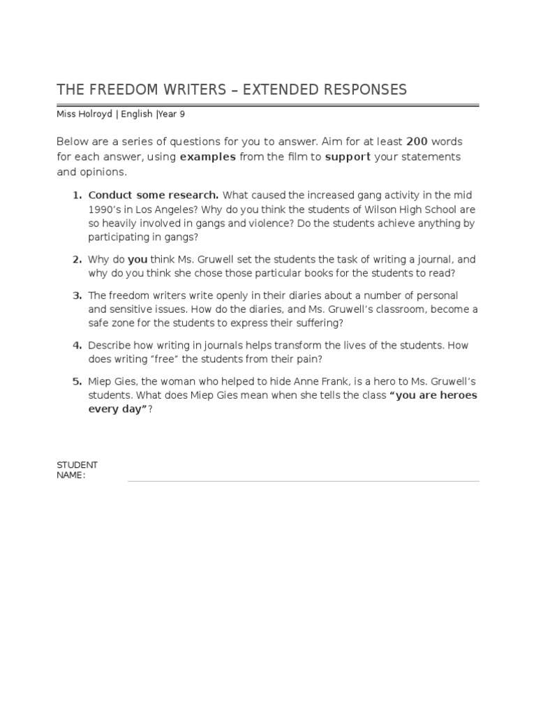 Freedom Writers: Extended Responses Guide | PDF