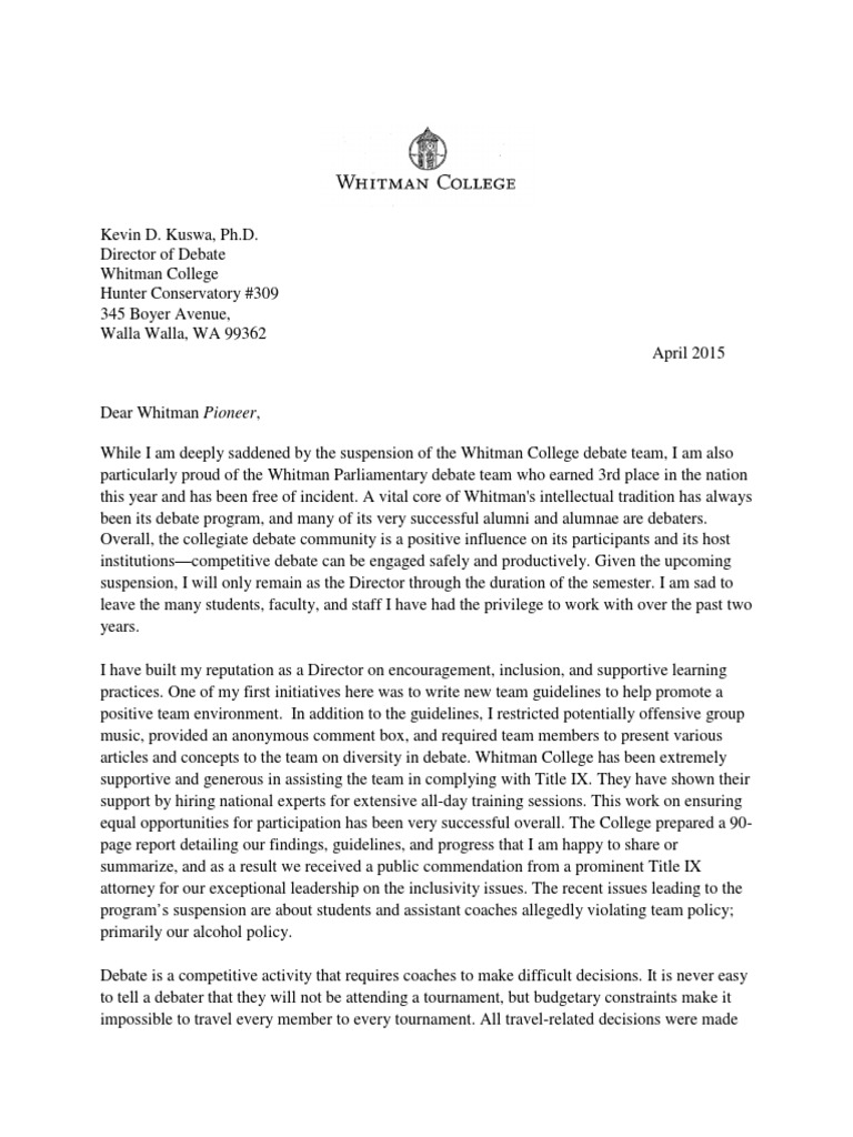Letter from Director of Debate Kevin Kuswa | Title Ix | Politics