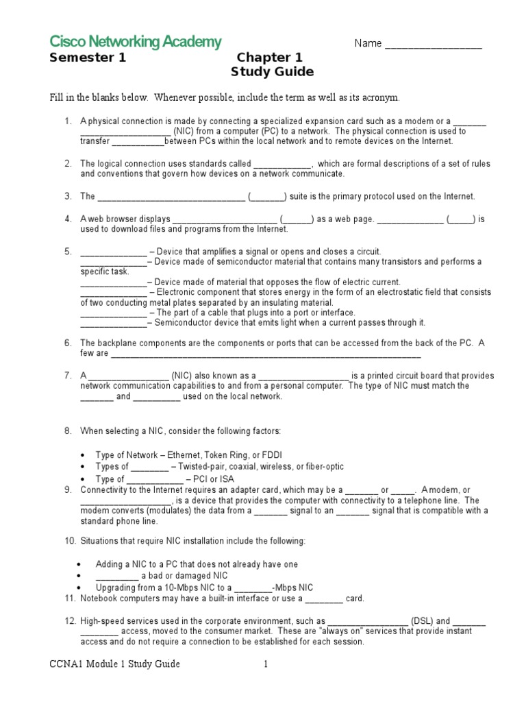 CCNA1 Module 1 Study Guide | PDF | Network Interface Controller ...