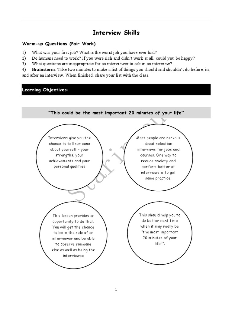 Interview Skills: Warm-Up Questions (Pair Work) | PDF | Internship ...