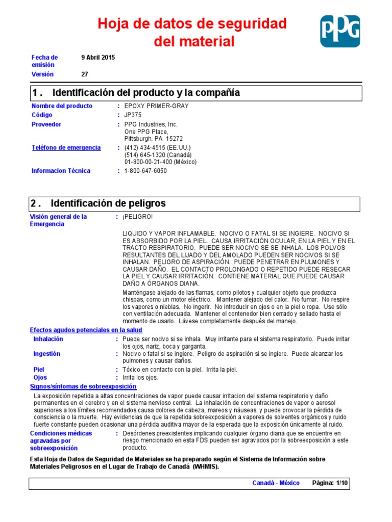 MSDS Epoxy Primer Gray | PDF | Residuos | Guante