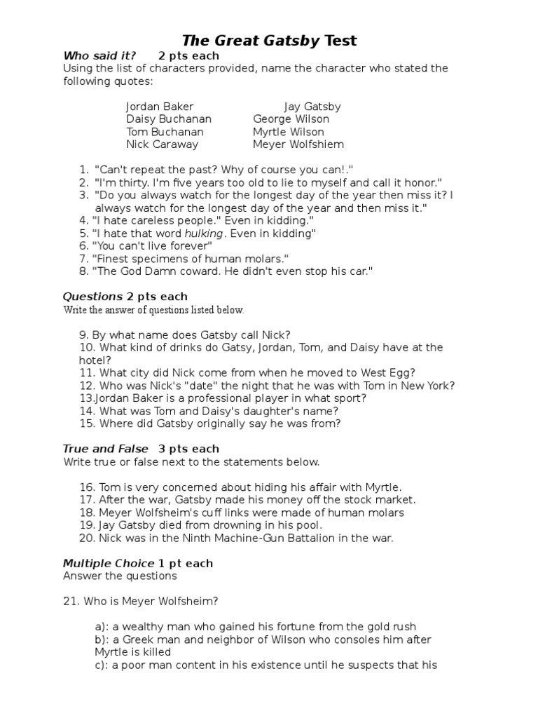 The Great Gatsby Test | PDF | The Great Gatsby