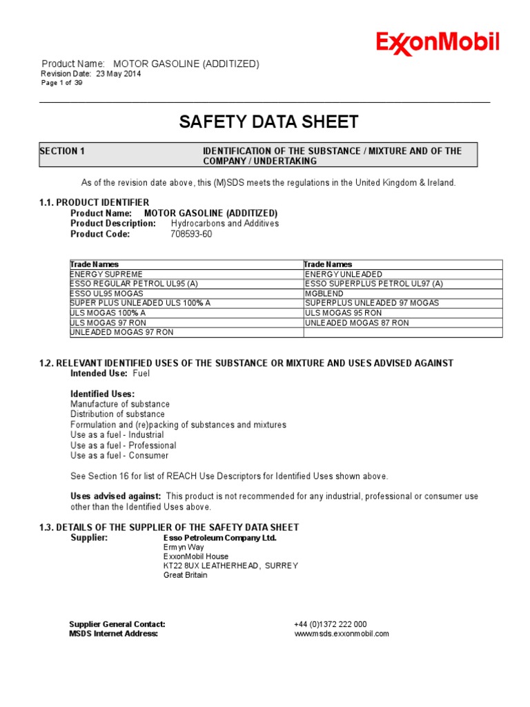 Mogas Msds 2014-2 | PDF | Toxicity | Gasoline
